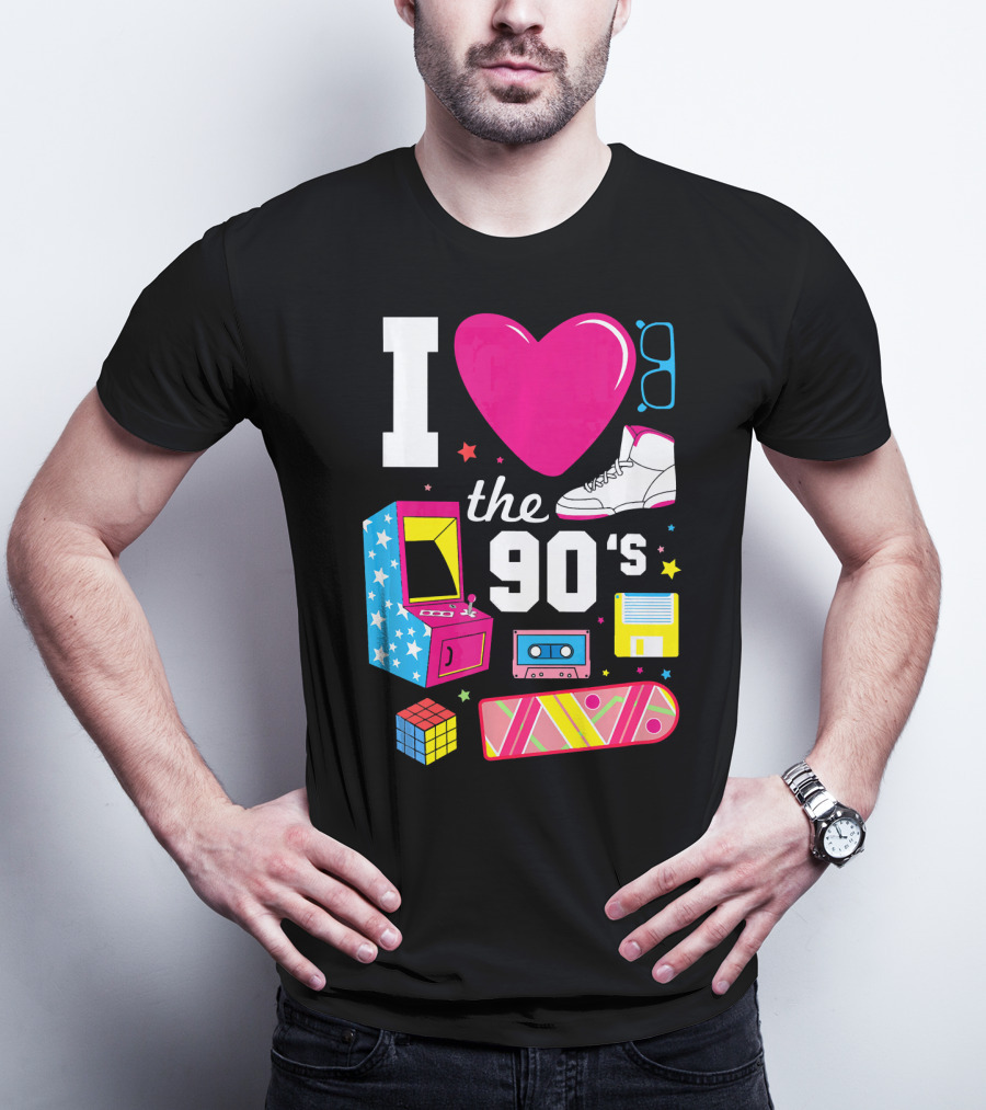 I Love The 90s Retro Arcade Cassette Sneaker Skateboard Rubik's Cube Floppy Disk T-Shirt