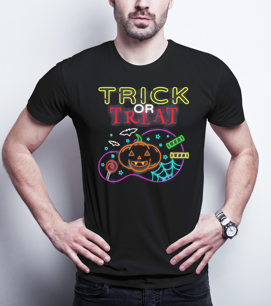 TRICK OR TREAT Scary Halloween Pumpkin Candy Bats Web Neon T-Shirt