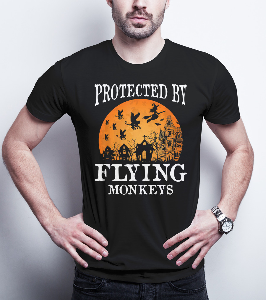 Protected By Flying Monkeys Halloween Witch Silhouette Orange Moon Mansion Scene T-Shirt