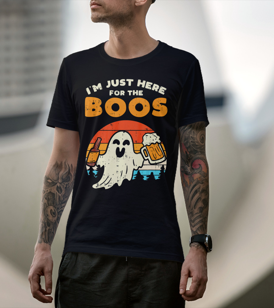 I'm Just Here For The Boos Retro Ghost With Drink And Bee T-Shirt