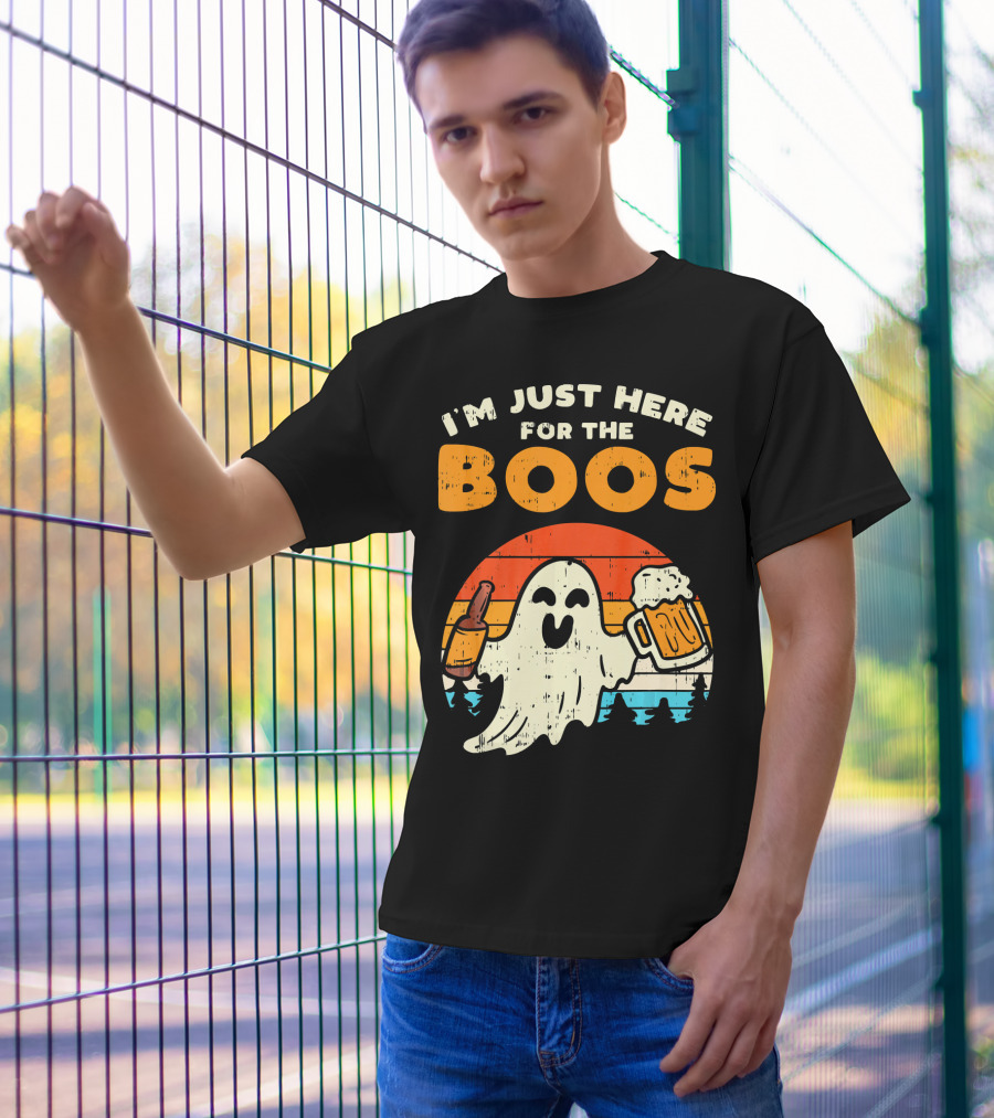 I'm Just Here For The Boos Retro Ghost With Drink And Bee T-Shirt