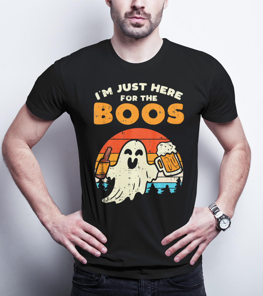 I'm Just Here For The Boos Retro Ghost With Drink And Bee T-Shirt