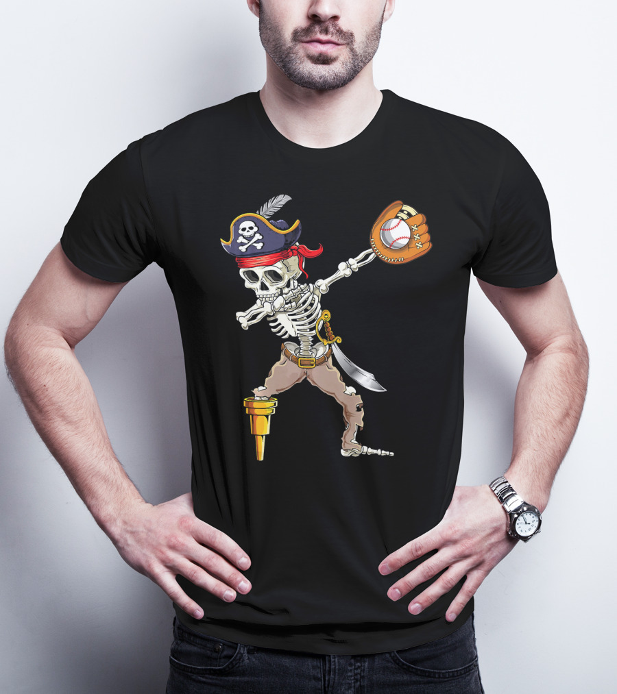 Pirate Skeleton Dabbing With Baseball Glove And Ball T-Shirt
