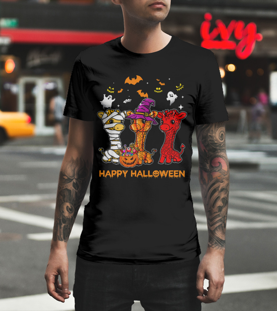 Giraffe Trio In Halloween Costumes With Ghosts And Pumpkin Candy Happy Halloween Cute Mum T-Shirt