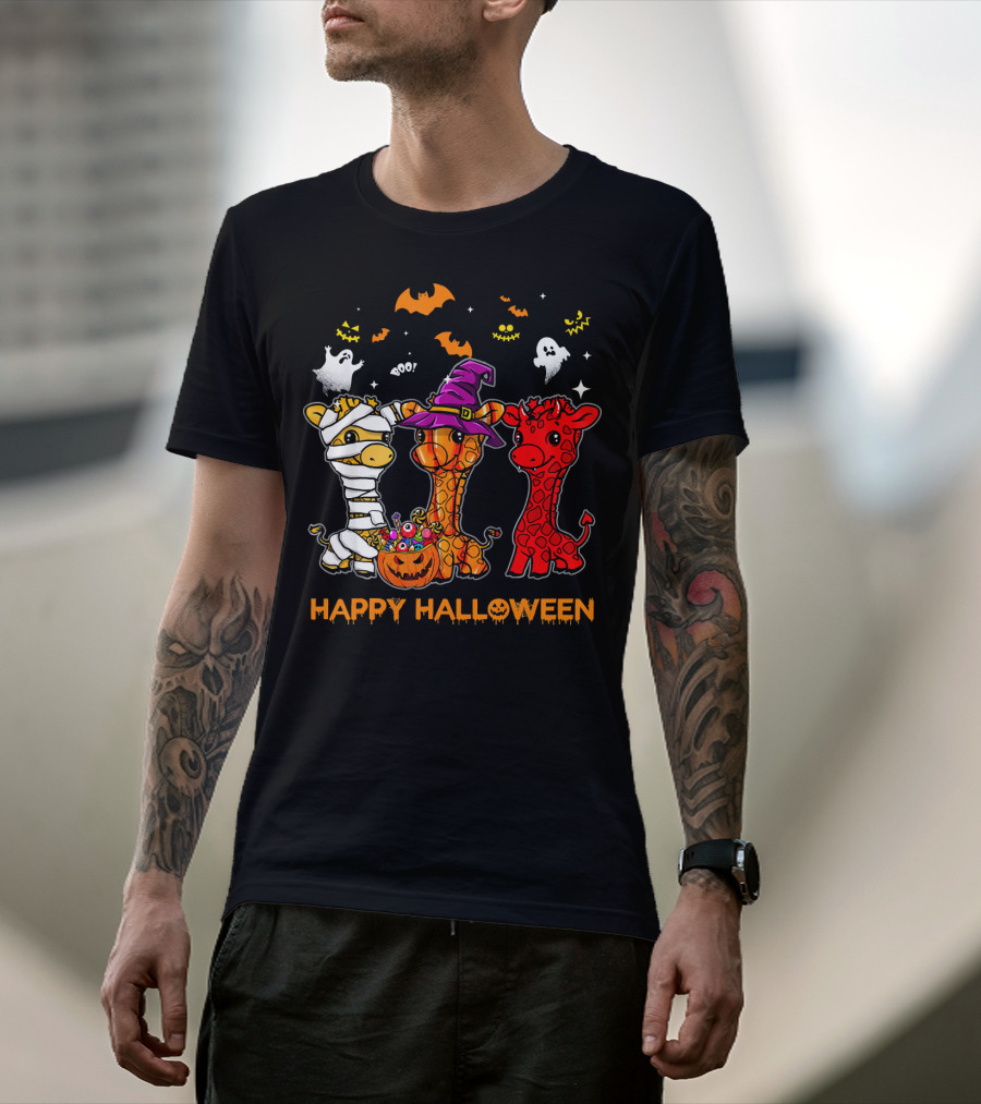 Giraffe Trio In Halloween Costumes With Ghosts And Pumpkin Candy Happy Halloween Cute Mum T-Shirt