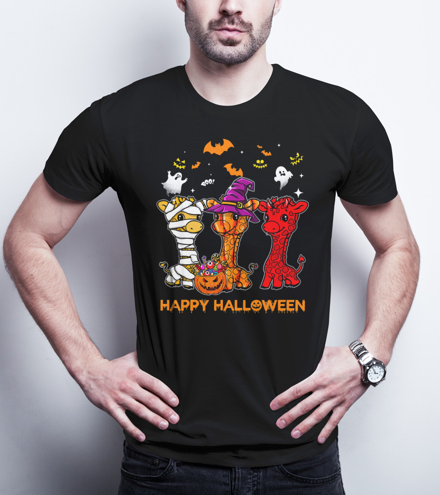 Giraffe Trio In Halloween Costumes With Ghosts And Pumpkin Candy Happy Halloween Cute Mum T-Shirt