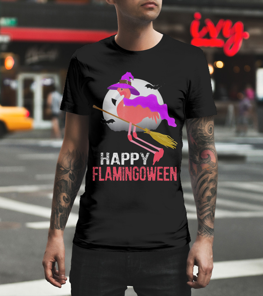 Happy Flamingoween Witch With Flamingo On Broomstick T-Shirt