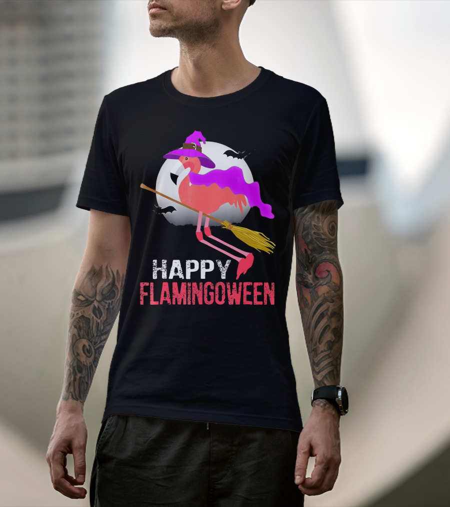 Happy Flamingoween Witch With Flamingo On Broomstick T-Shirt