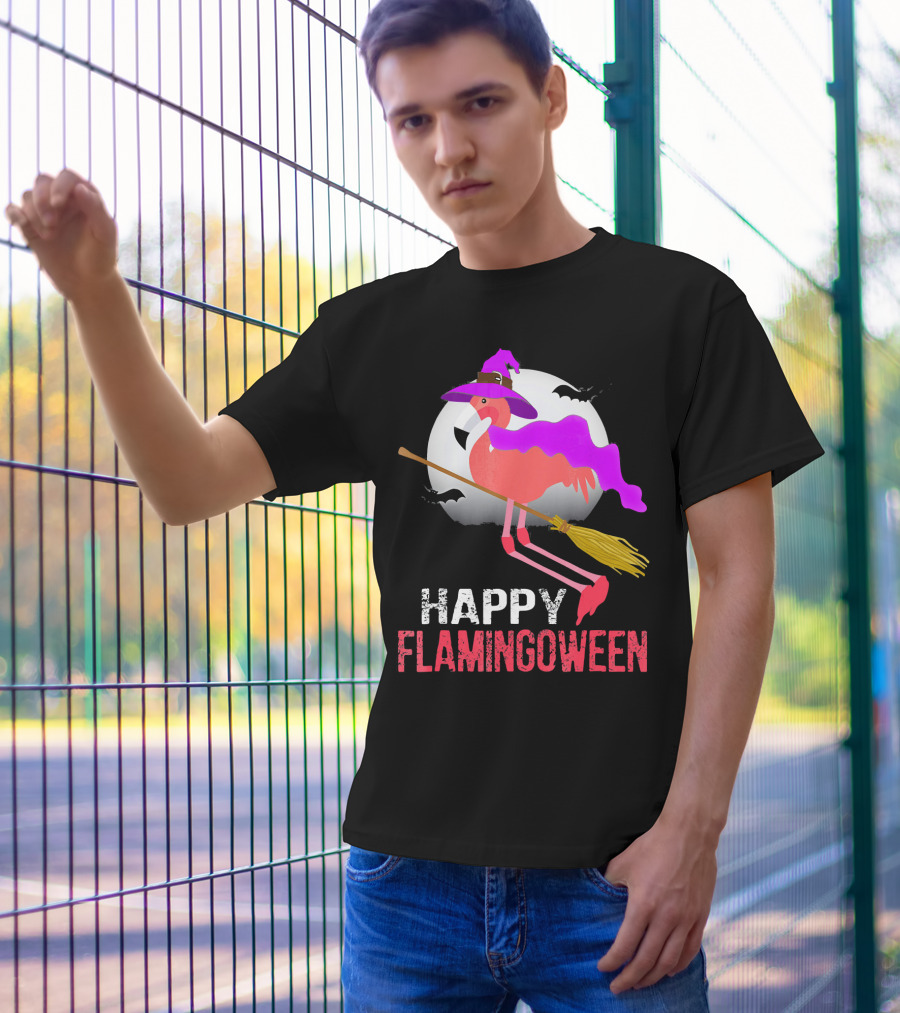 Happy Flamingoween Witch With Flamingo On Broomstick T-Shirt