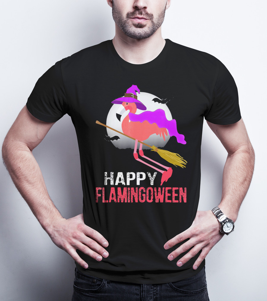 Happy Flamingoween Witch With Flamingo On Broomstick T-Shirt