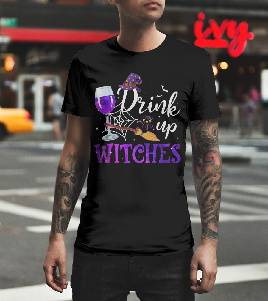 Drink Up Witches Wine Glass Purple Cat Broomstick Halloween Magic T-Shirt