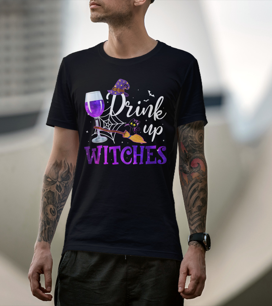 Drink Up Witches Wine Glass Purple Cat Broomstick Halloween Magic T-Shirt