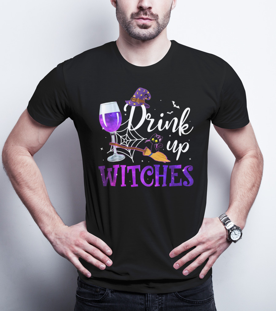 Drink Up Witches Wine Glass Purple Cat Broomstick Halloween Magic T-Shirt