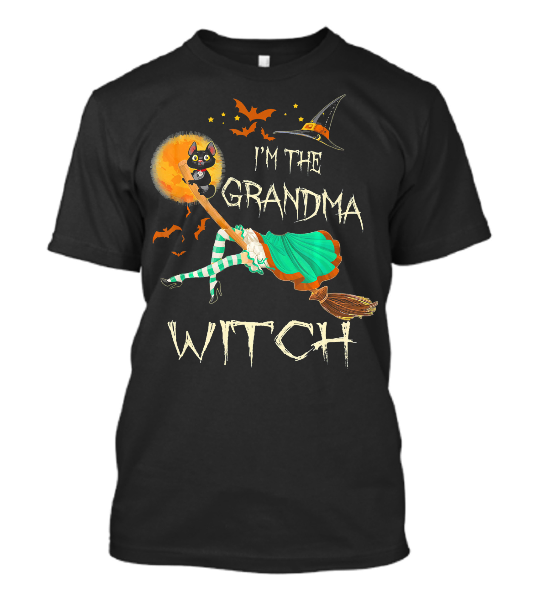 I'm The Grandma Witch Broomstick Flying Black Cat Halloween Bats T-Shirt
