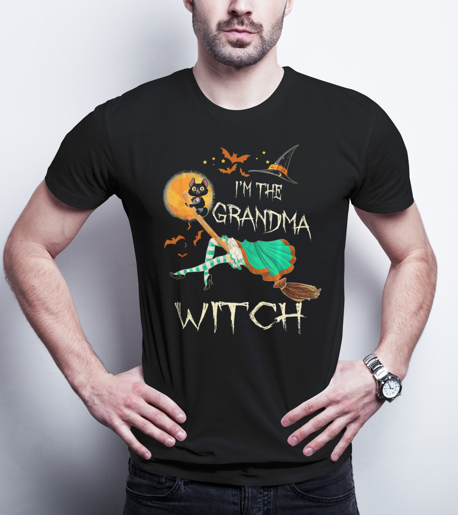 I'm The Grandma Witch Broomstick Flying Black Cat Halloween Bats T-Shirt