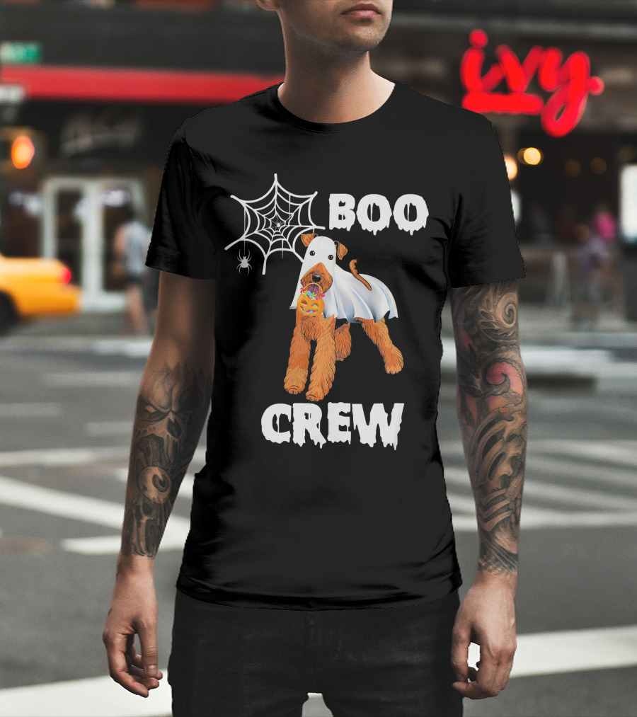 Airedale Terrier Boo Crew Halloween Ghost Costume With Spider Web And Pumpkin T-Shirt
