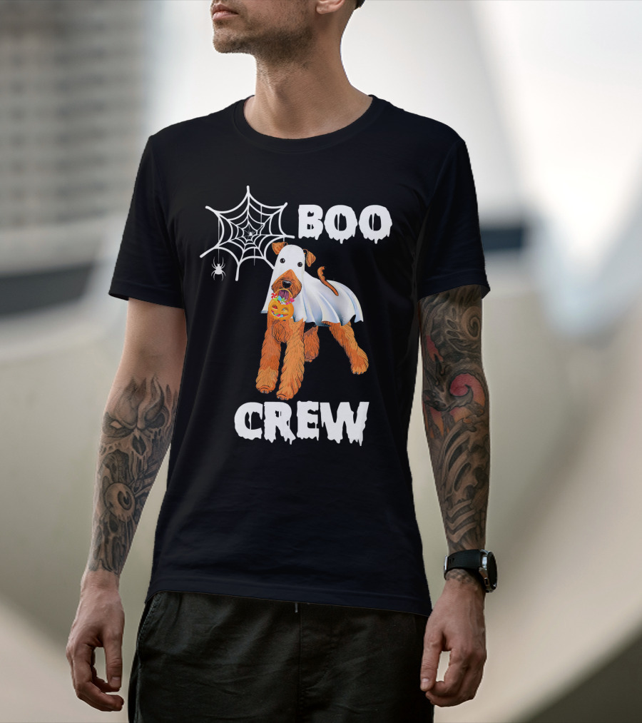 Airedale Terrier Boo Crew Halloween Ghost Costume With Spider Web And Pumpkin T-Shirt