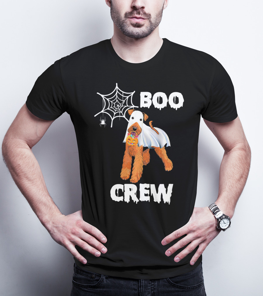 Airedale Terrier Boo Crew Halloween Ghost Costume With Spider Web And Pumpkin T-Shirt