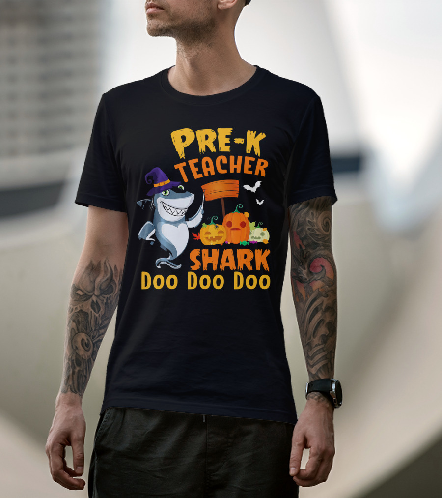 Pre-K Teacher Shark Doo Doo Doo Halloween Witch Pumpkins Bats T-Shirt