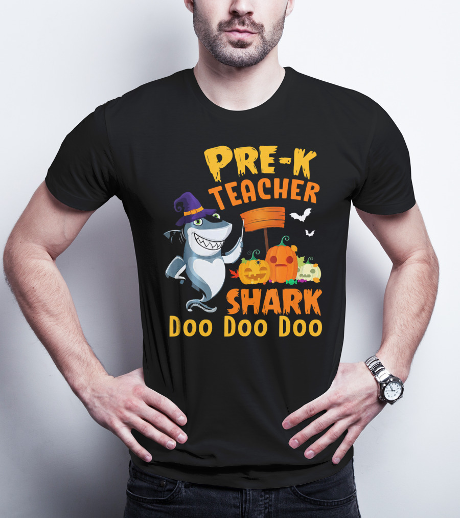 Pre-K Teacher Shark Doo Doo Doo Halloween Witch Pumpkins Bats T-Shirt