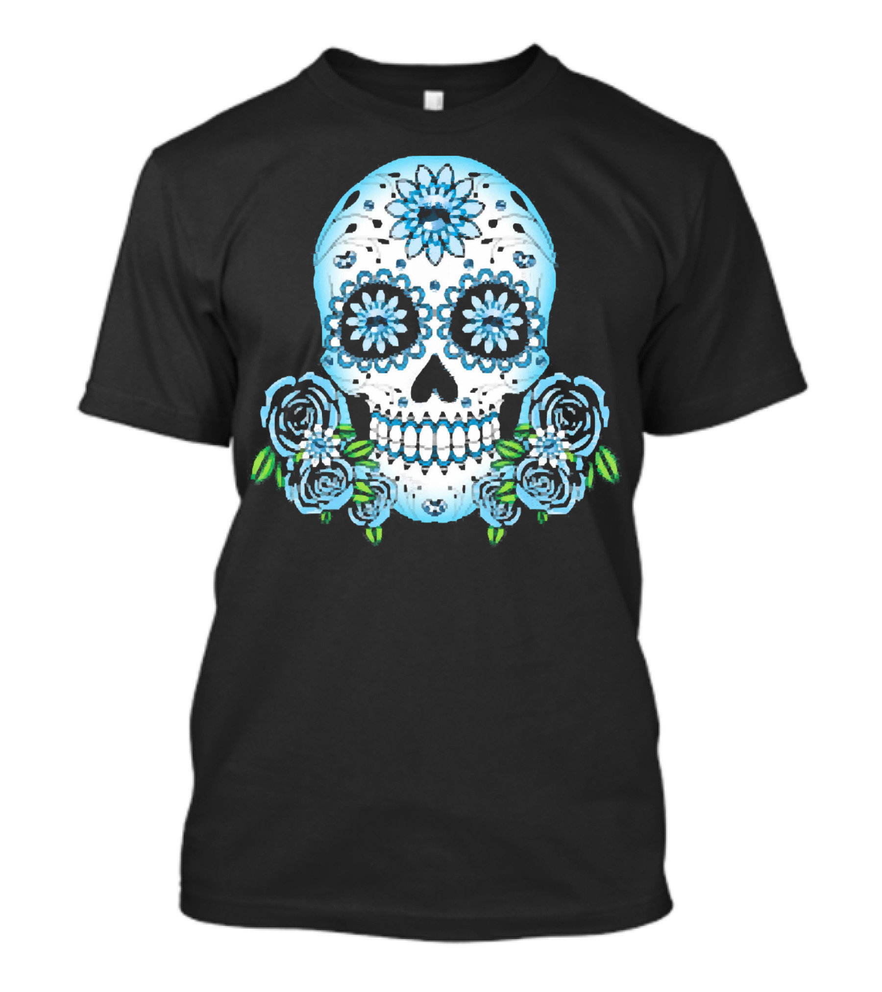 Blue Flowers Sugar Skull Día De Los Muertos Roses T-Shirt
