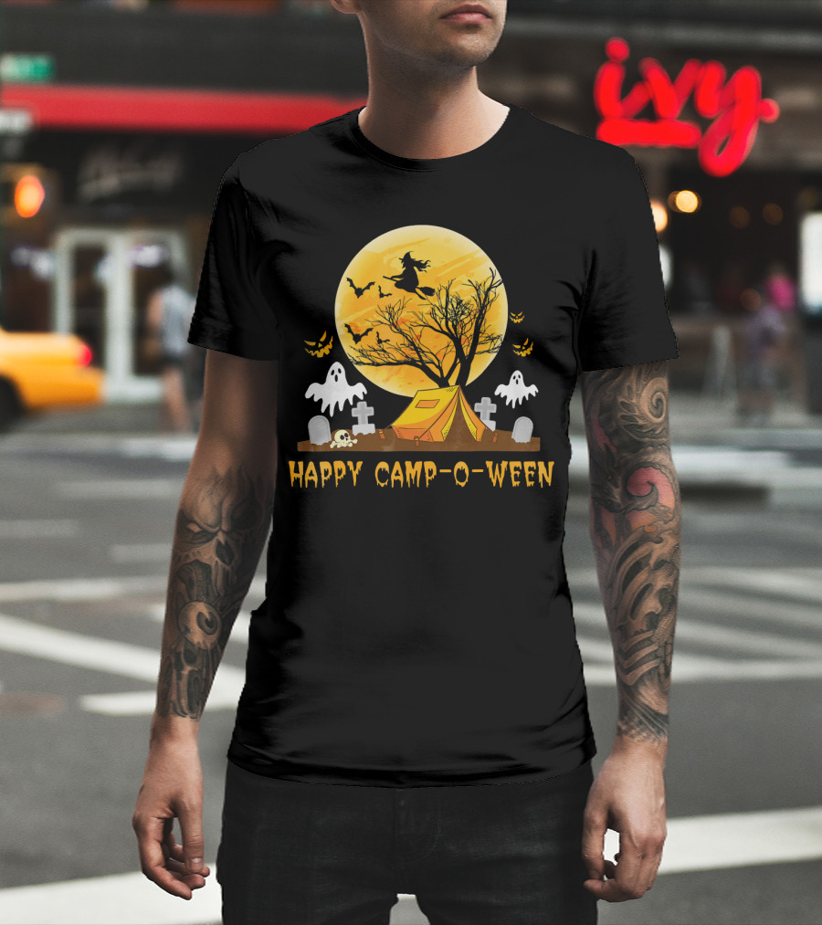 Happy Camp-O-Ween Witch Ghosts Halloween Camping Graveyard Moon T-Shirt