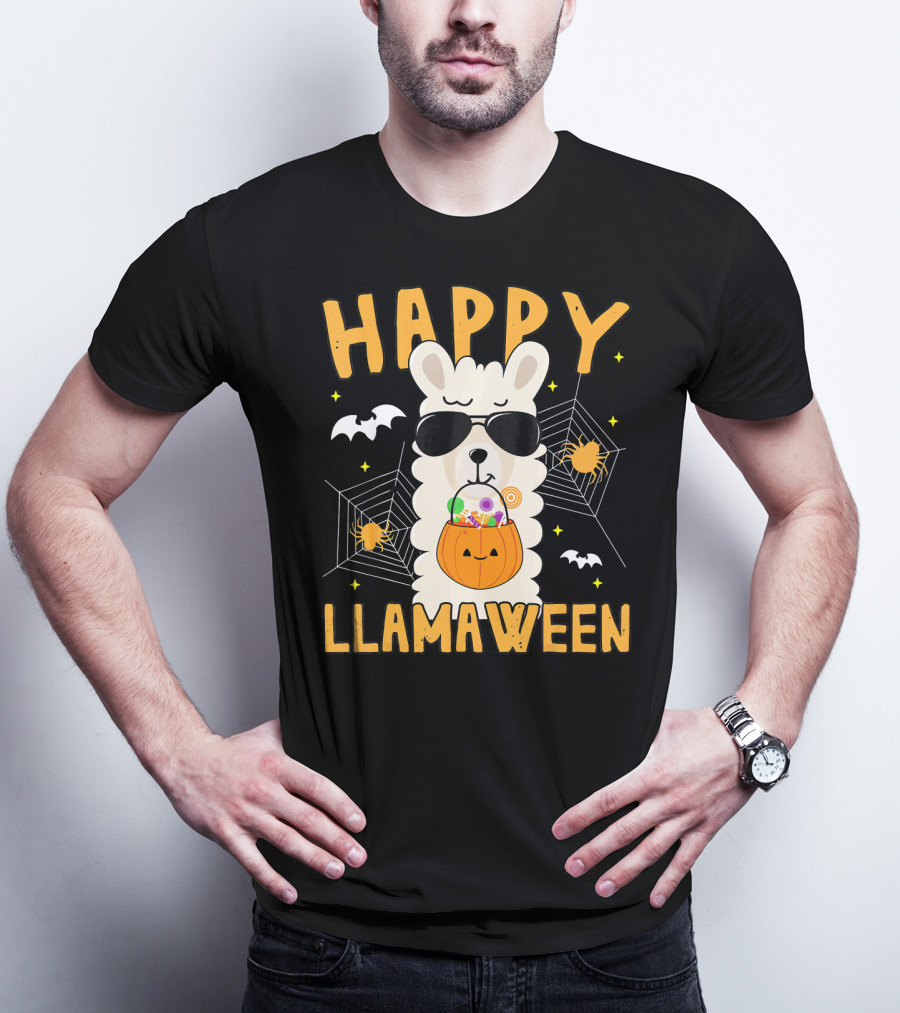 Happy Llamaween Halloween Llama With Sunglasses And Candy Basket T-Shirt