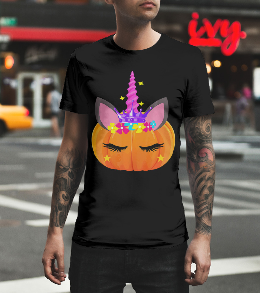 Halloween Pumpkin Unicorn With Floral Crown And Stars T-Shirt