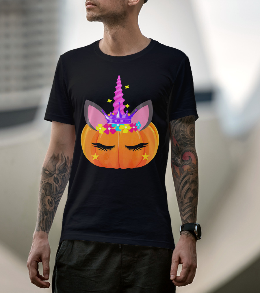 Halloween Pumpkin Unicorn With Floral Crown And Stars T-Shirt