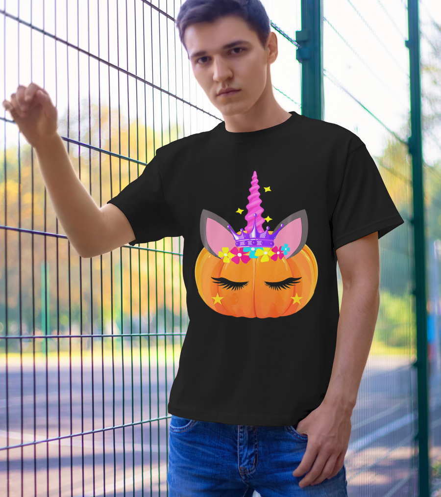 Halloween Pumpkin Unicorn With Floral Crown And Stars T-Shirt