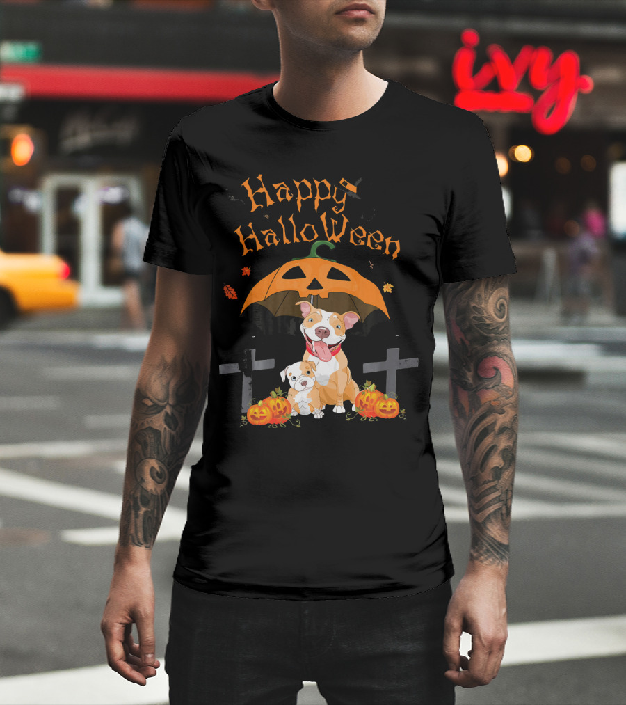 Happy Halloween Pumpkin Pitbulls With Jack O'Lantern And Crosses T-Shirt
