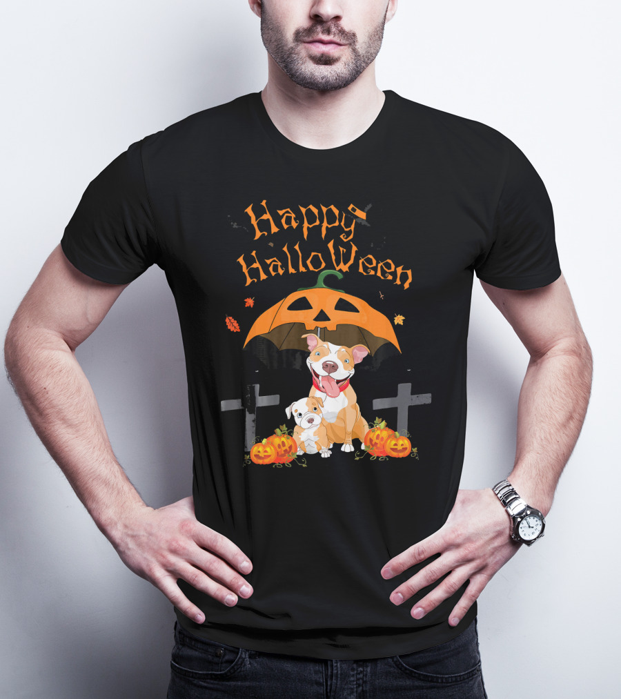 Happy Halloween Pumpkin Pitbulls With Jack O'Lantern And Crosses T-Shirt