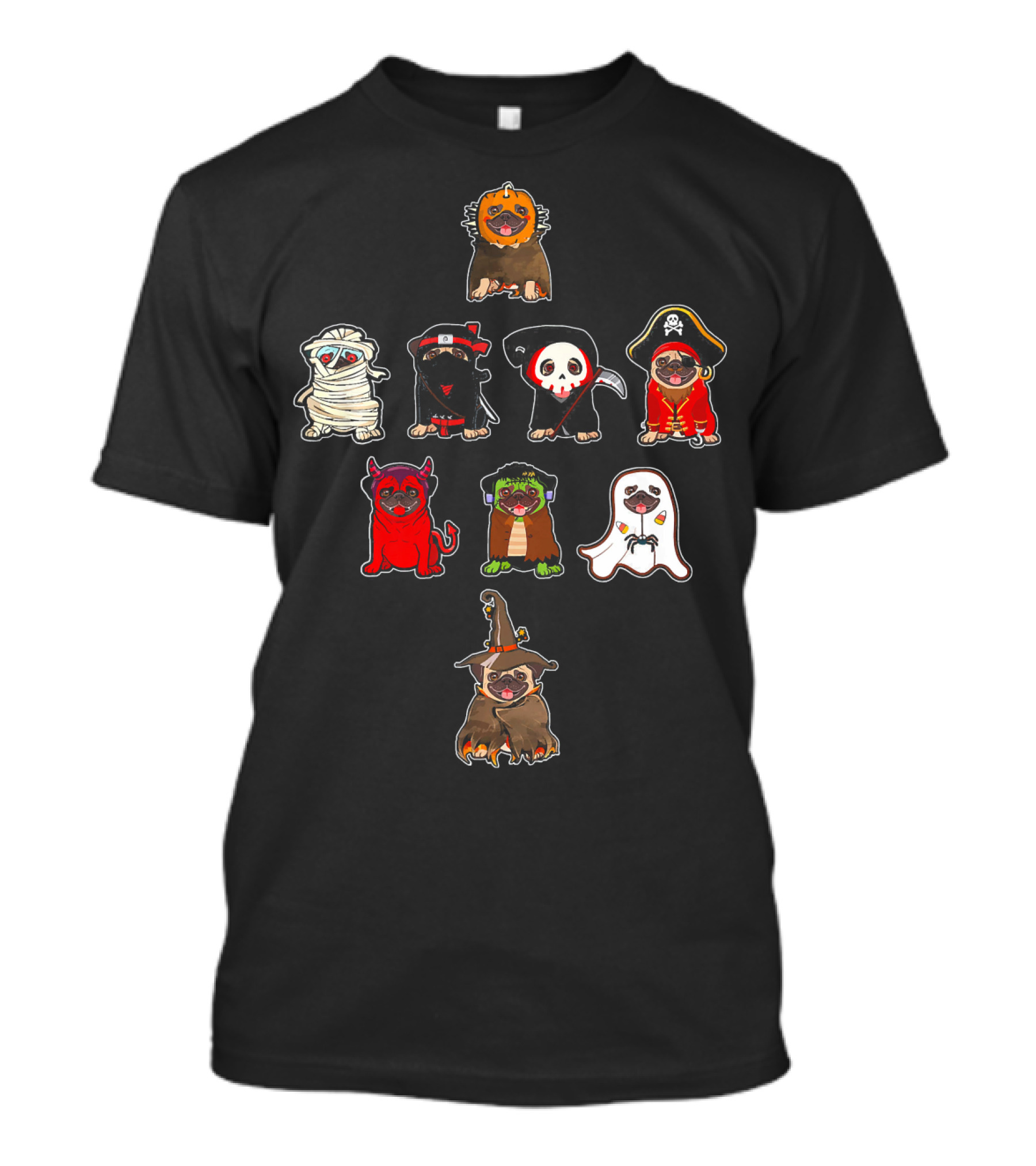 Pug Halloween Costume Lion Mummy Ninja Grim Reaper Pirate Devil Frankenstein Ghost Witch T-Shirt