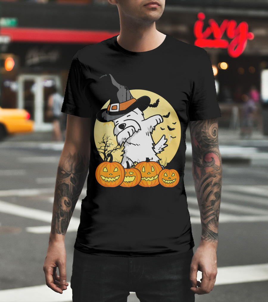 Funny Dabbing Westie Witch With Pumpkins And Bats Halloween Dog Dance T-Shirt