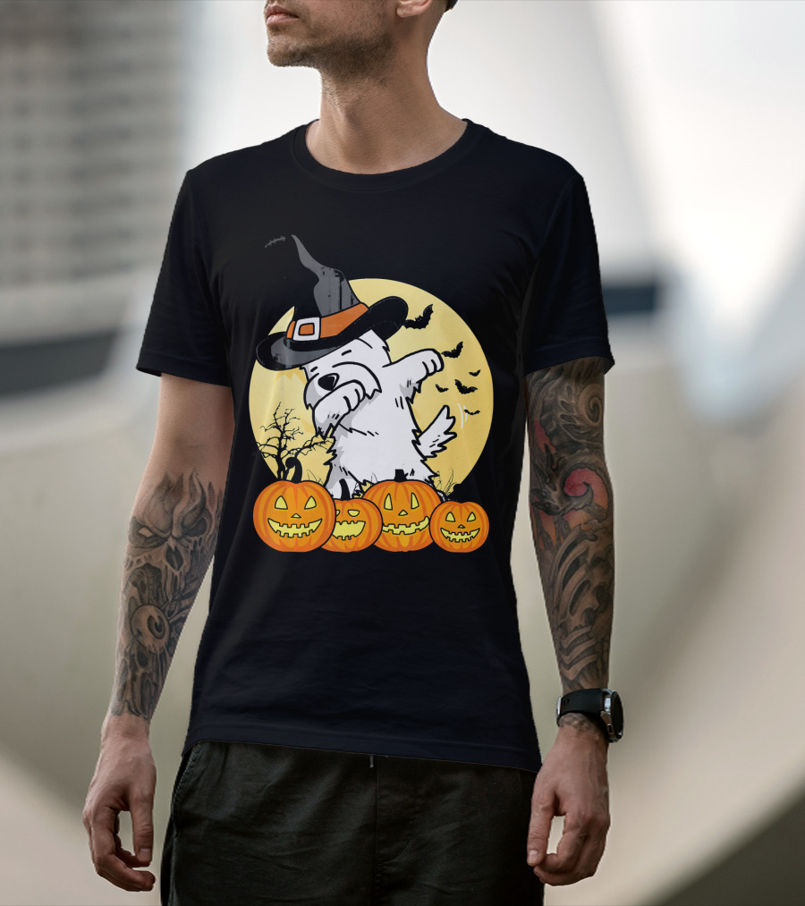 Funny Dabbing Westie Witch With Pumpkins And Bats Halloween Dog Dance T-Shirt