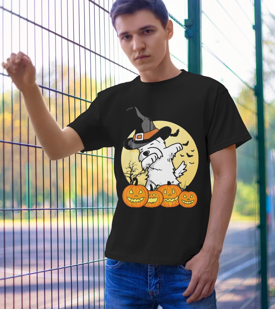 Funny Dabbing Westie Witch With Pumpkins And Bats Halloween Dog Dance T-Shirt