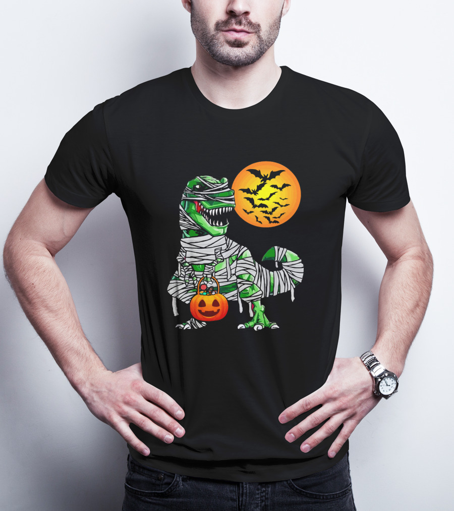 Tyrannosaurus Rex Dinosaur Mummy With Pumpkin And Bats Halloween Boy T-Shirt