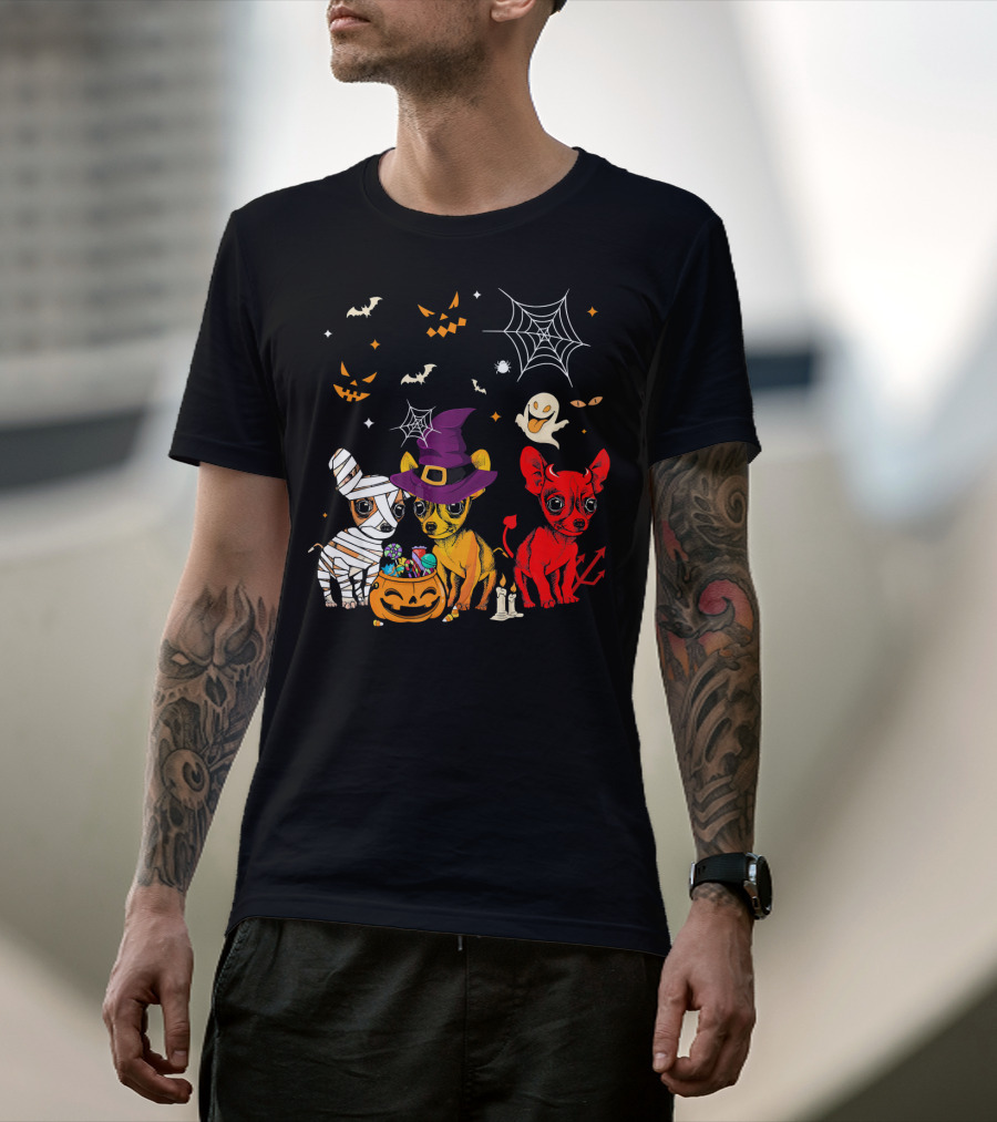 Three Chihuahuas Halloween Mummy Witch Devil T-Shirt