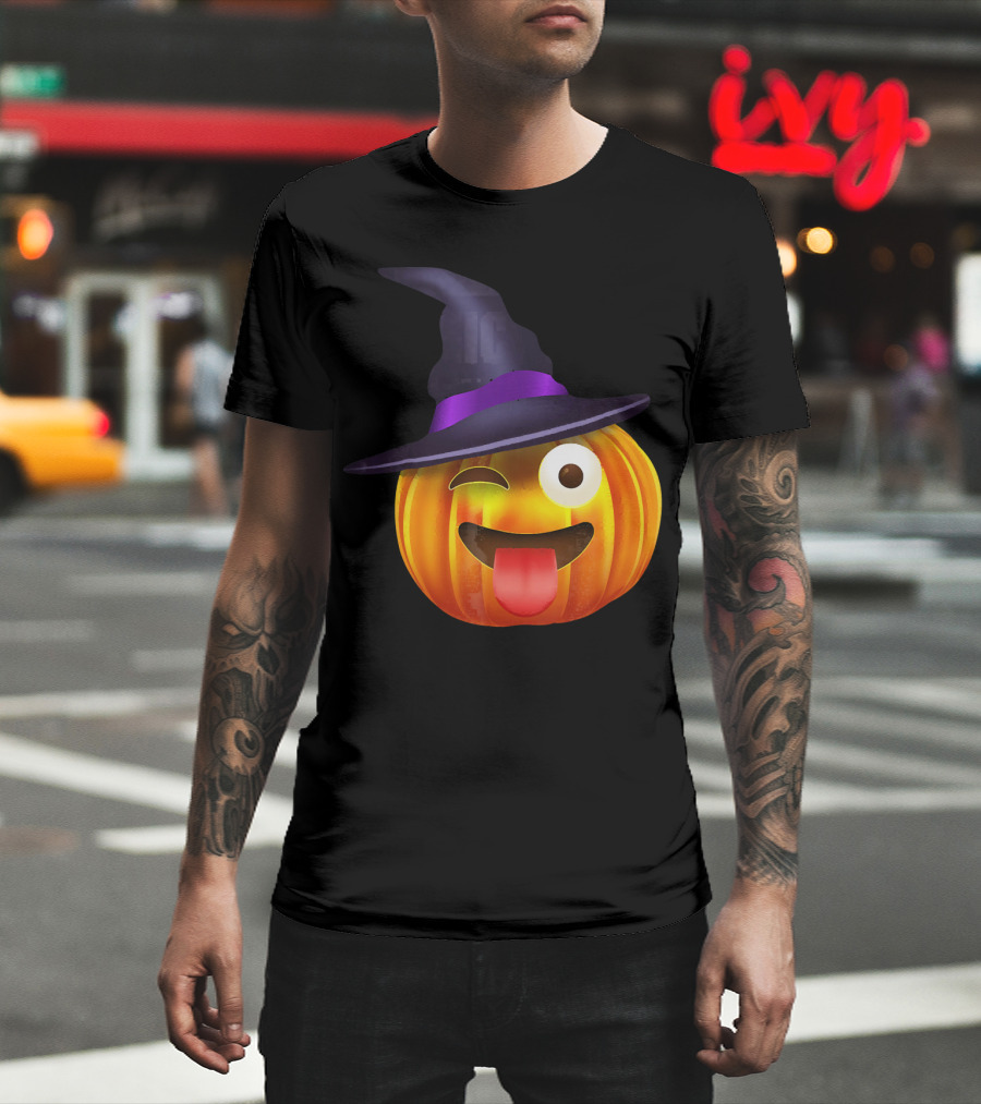 Halloween Costume Emoji Pumpkin Witch Hat Face T-Shirt