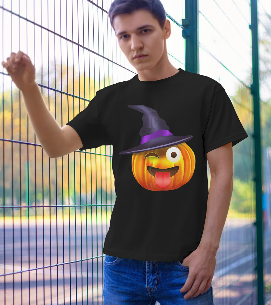 Halloween Costume Emoji Pumpkin Witch Hat Face T-Shirt