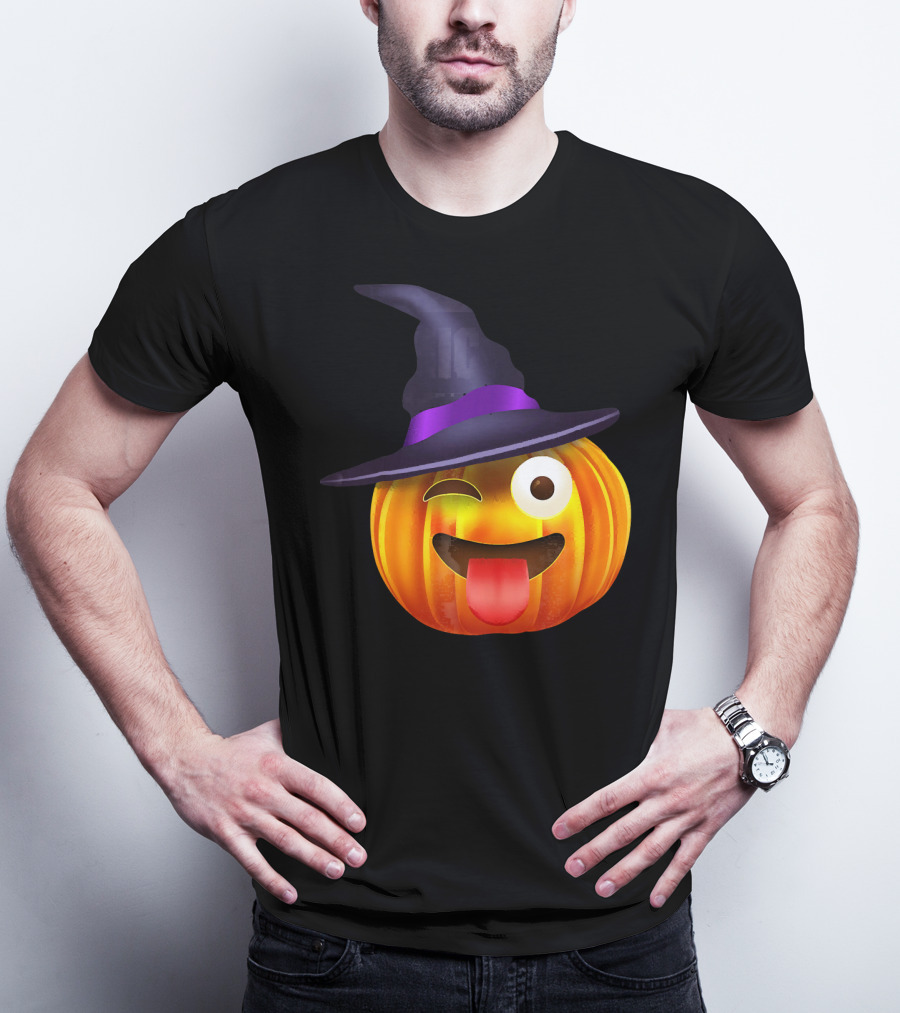Halloween Costume Emoji Pumpkin Witch Hat Face T-Shirt