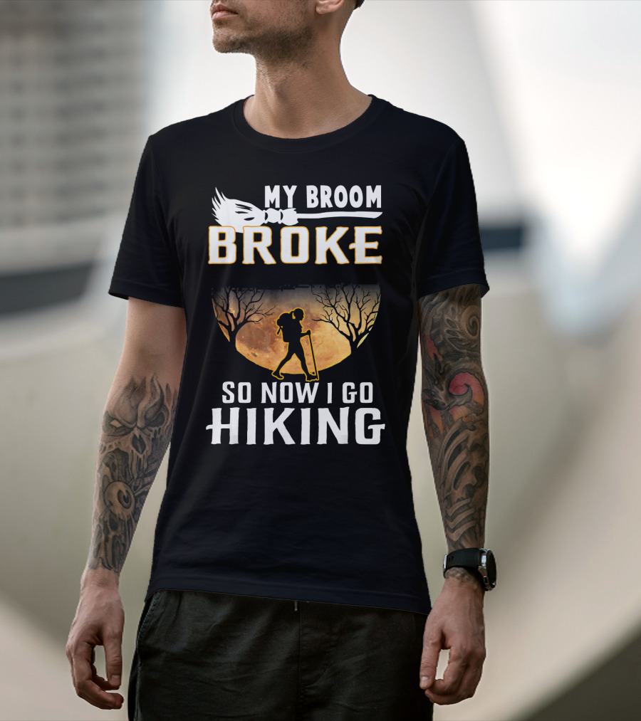 My Broom Broke So Now I Go Hiking Full Moon Silhouette Adventure T-Shirt