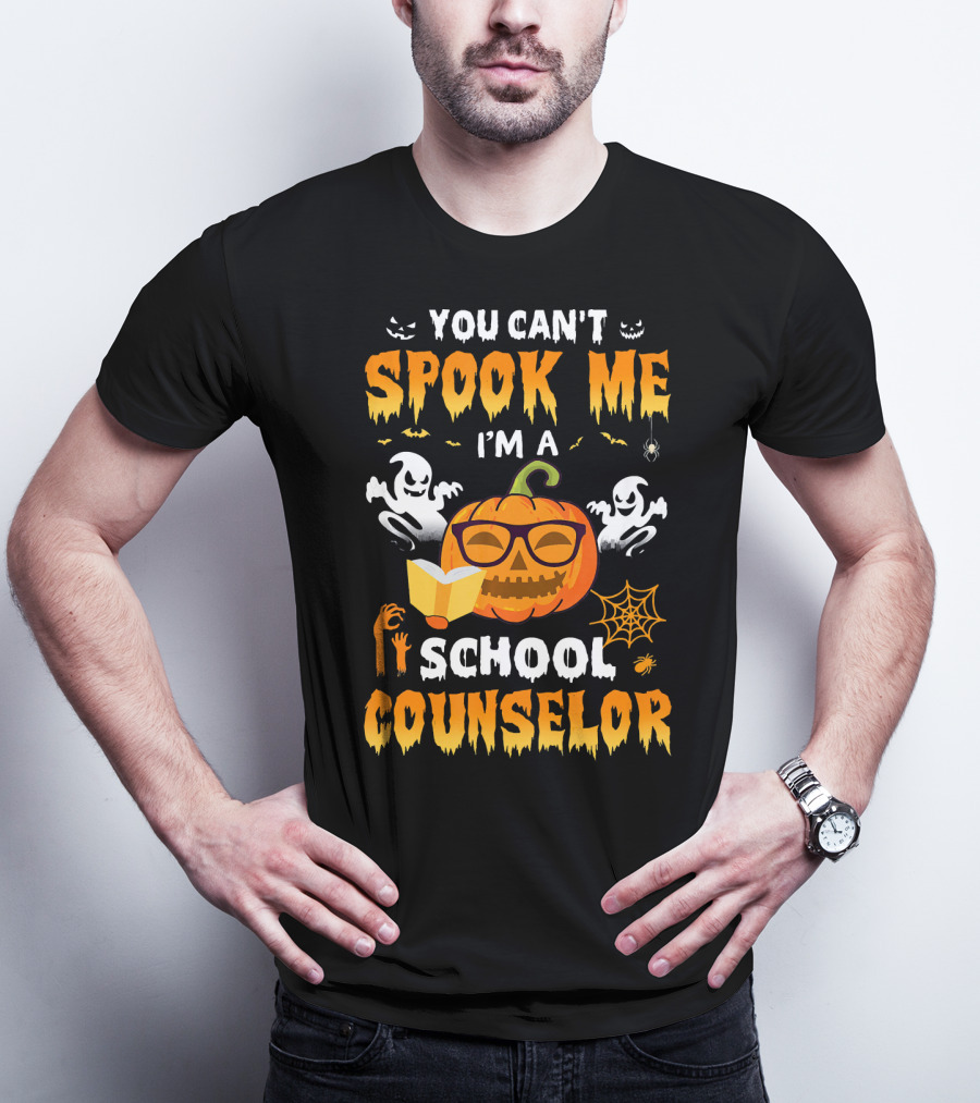You Can't Spook Me I'm A School Counselor Halloween Pumpkin Ghosts Book Spiders T-Shirt