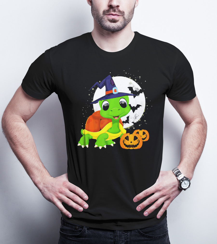Turtle Witch Halloween Pumpkin Moon And Bats T-Shirt