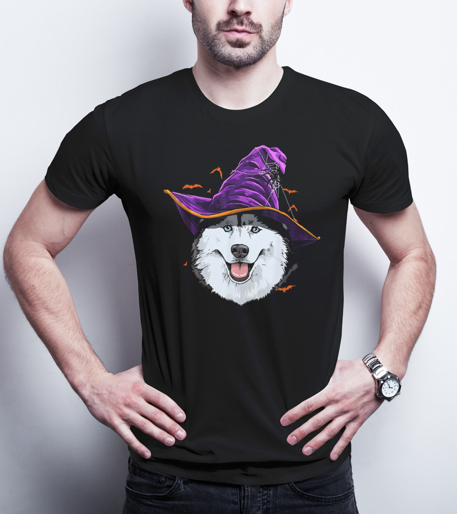 Siberian Husky Purple Witch Hat With Bats And Cobwebs T-Shirt