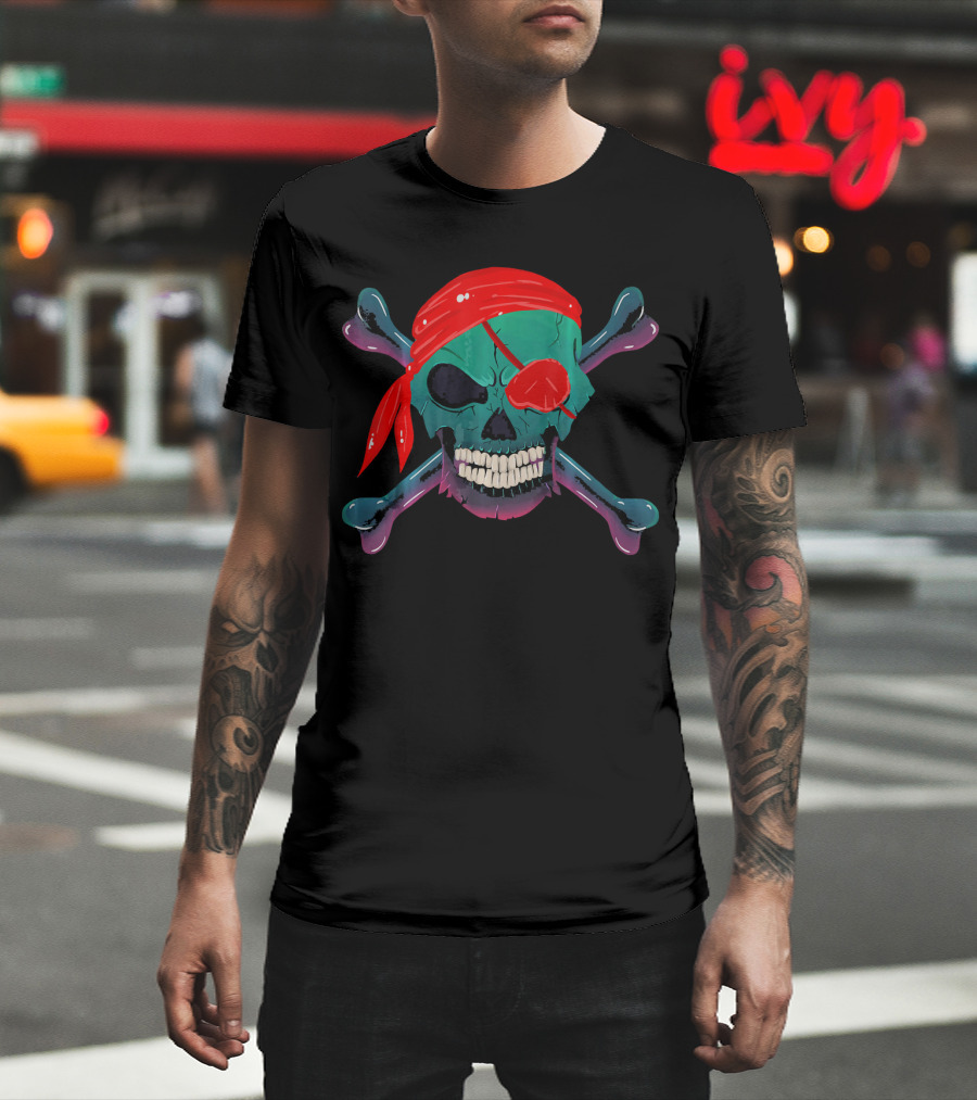 Halloween Pirate Skull And Crossbones Buccaneer Bandana Eyepatch T-Shirt