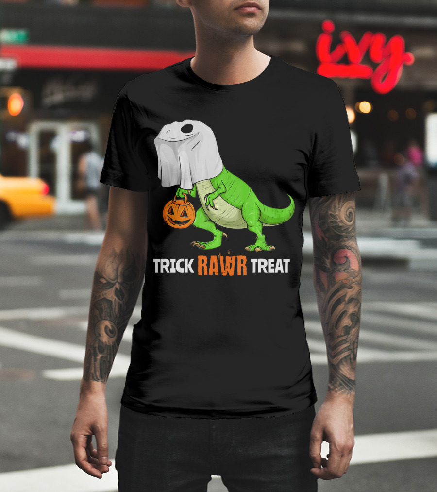 Trick RAWR Treat Halloween Rex Dinosaur Ghost Pumpkin T-Shirt