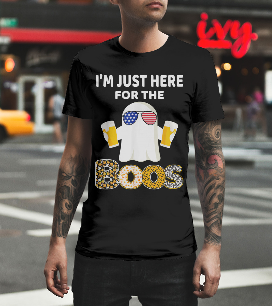 I'm Just Here For The Boos Ghost With American Flag Sunglasses And Beer T-Shirt