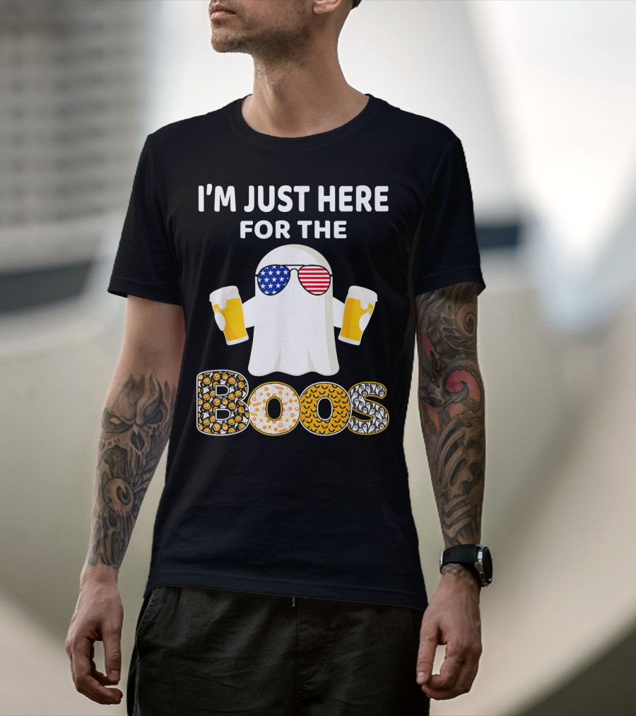 I'm Just Here For The Boos Ghost With American Flag Sunglasses And Beer T-Shirt