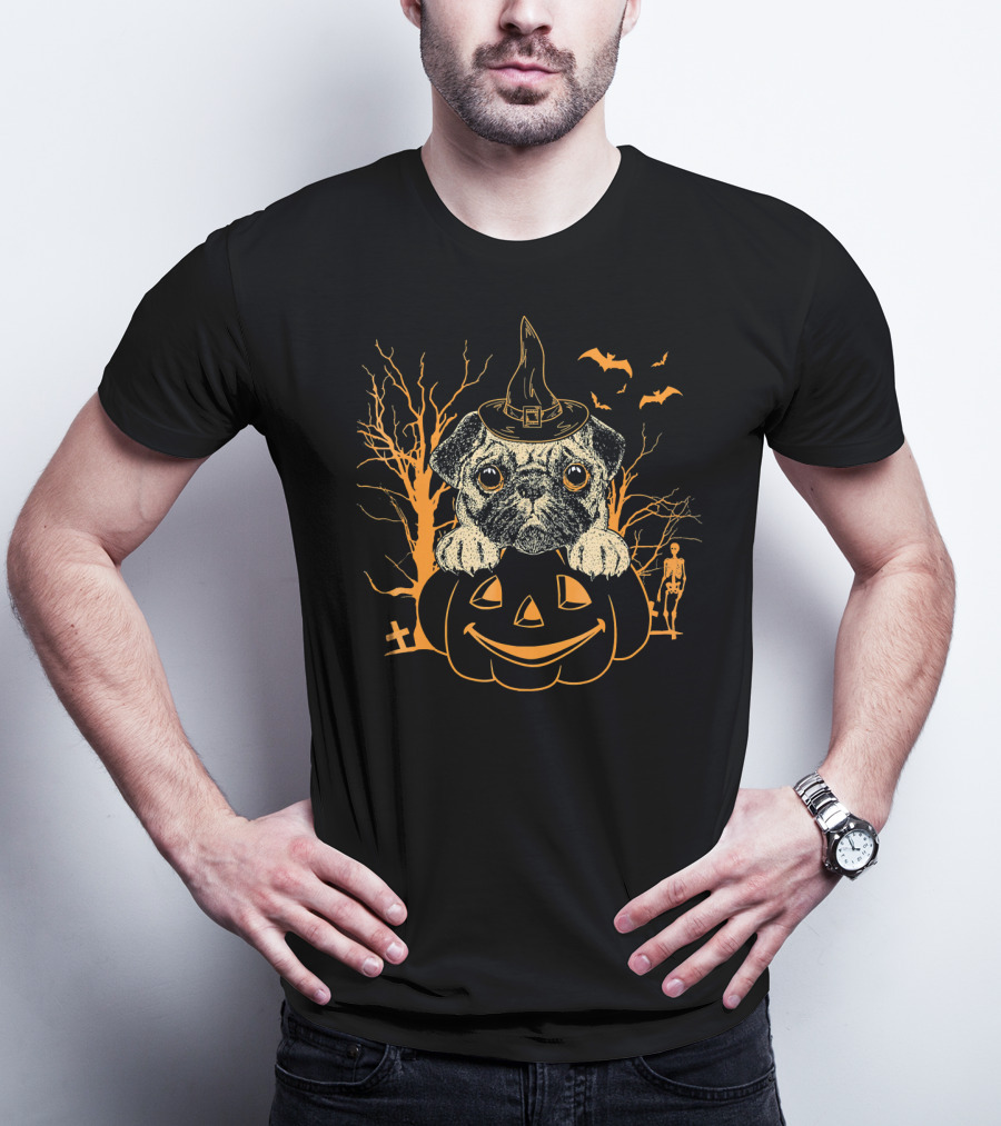 Halloween Pug Witch On Pumpkin With Skeleton And Bats T-Shirt